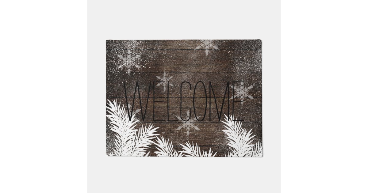 Snow pine trees brown rustic wood winter doormat | Zazzle