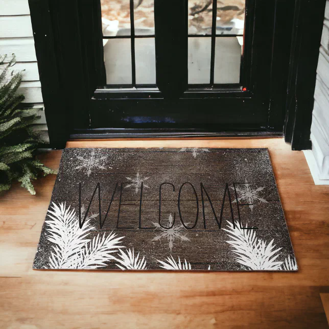 Snow pine trees brown rustic wood winter doormat | Zazzle