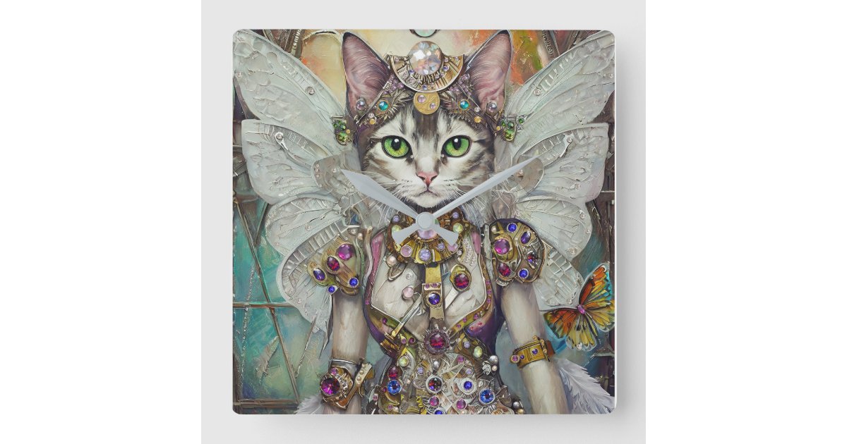 Snow Queen Cat of the Butterfly Wing Brigade Square Wall Clock | Zazzle