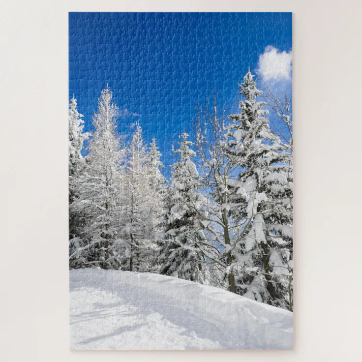 Snow trees under a clear blue sky in winter jigsaw puzzle | Zazzle