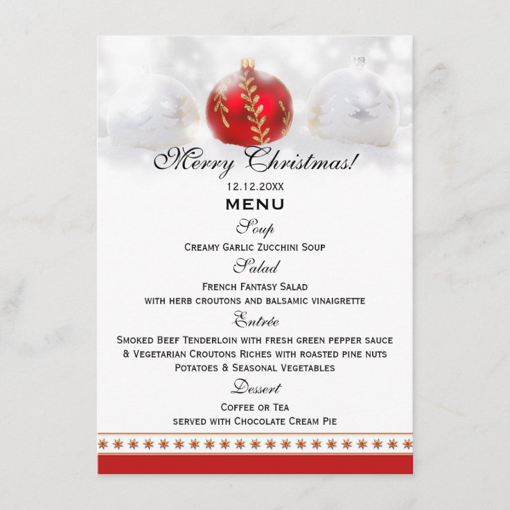 Snow White Red Christmas Dinner Menu Template Card | Zazzle