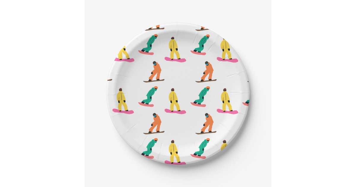 Snowboarders Winter Illustration Snowboard Pattern Paper Plates | Zazzle