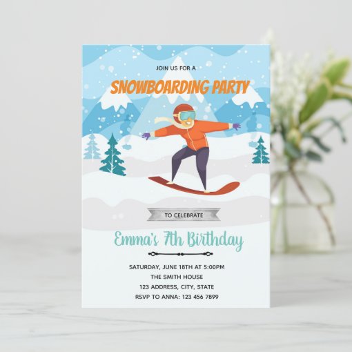 Snowboarding birthday party invitation | Zazzle