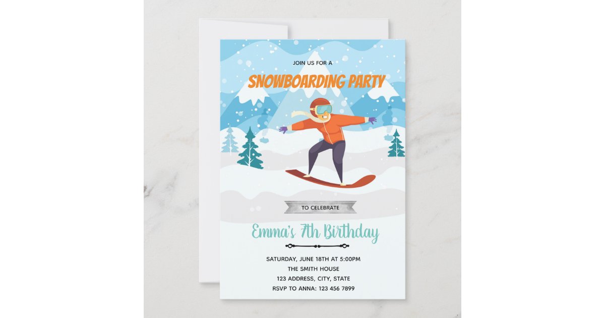 Snowboarding birthday party invitation | Zazzle