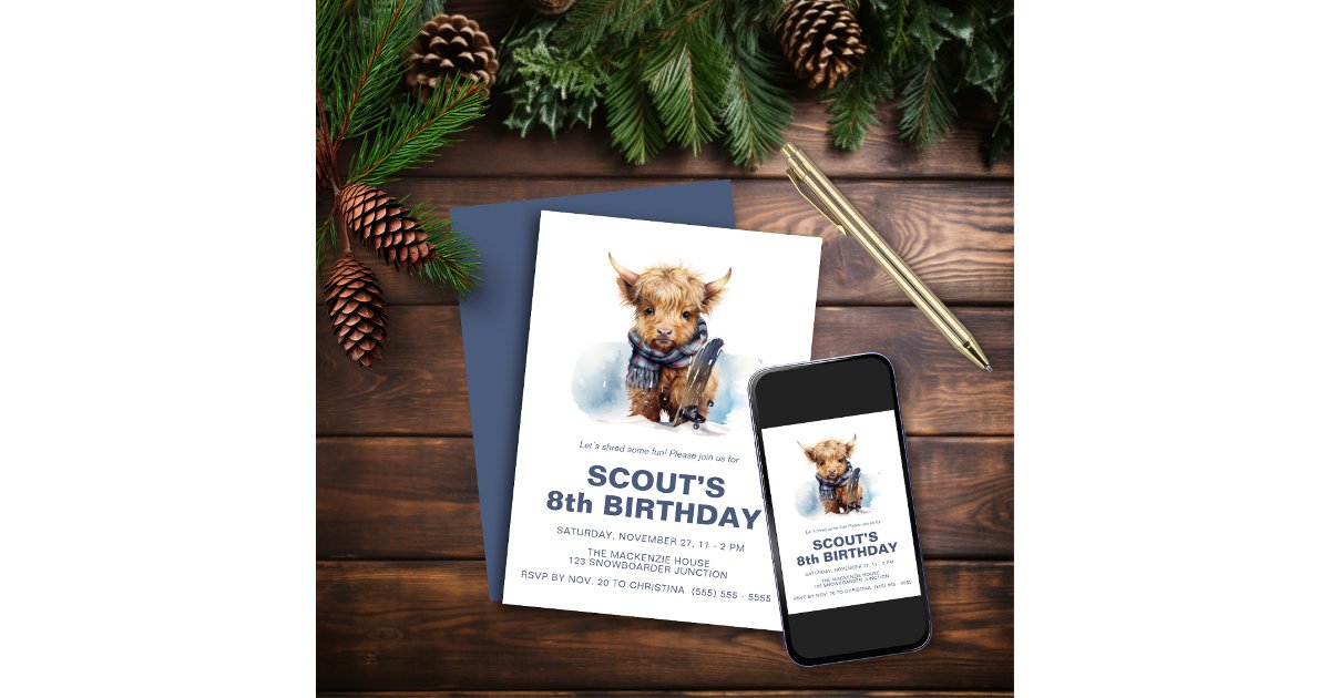 Snowboarding Highland Cow Invitation | Zazzle