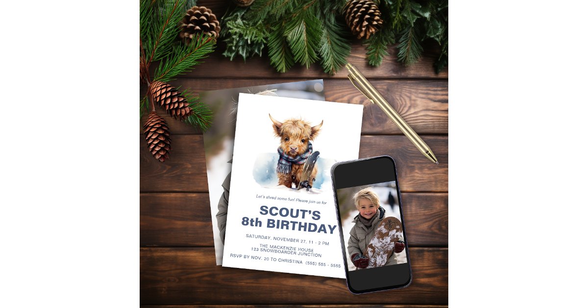 Snowboarding Highland Cow Photo Invitation | Zazzle