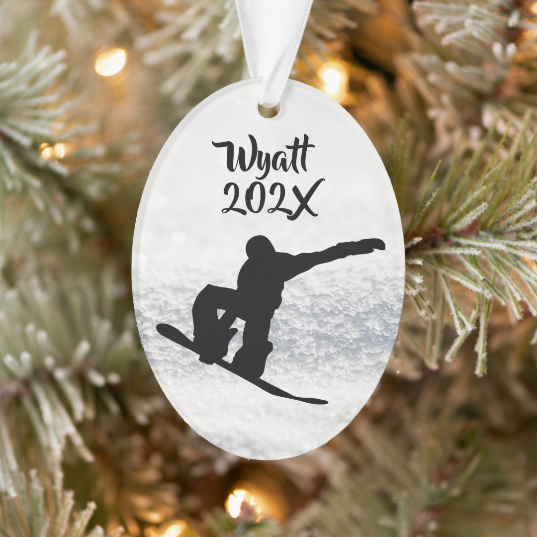 Snowboarding Male Son's Photo Template Oval Ornament | Zazzle