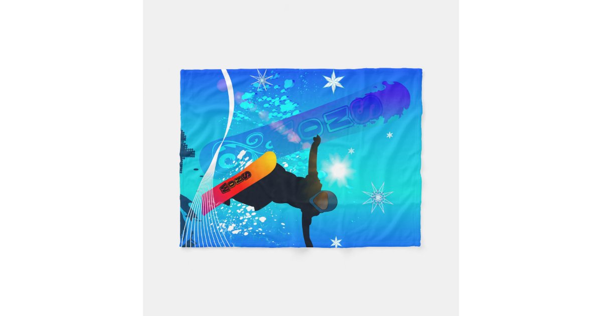 Snowboarding, snowboarder with board on blue backg fleece blanket | Zazzle