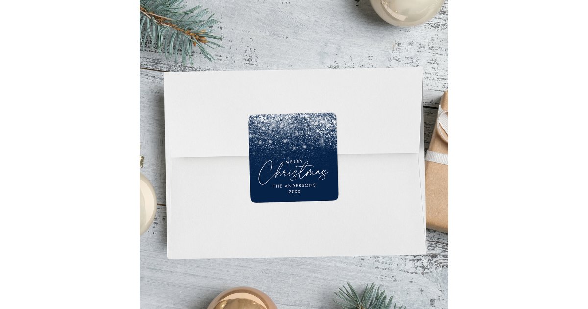 Snowdrift Navy Blue Merry Christmas Square Sticker | Zazzle