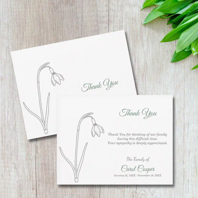 Snowdrop Line Art Funeral Thank You Note Card | Zazzle