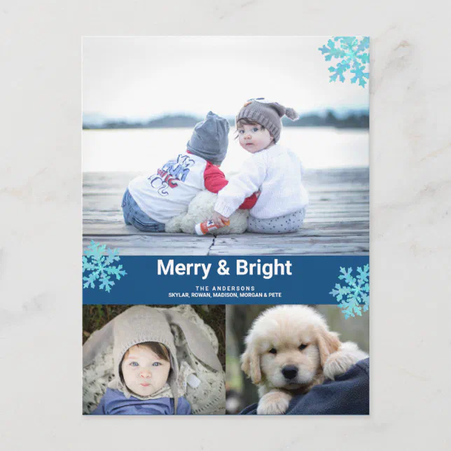 Snowflake Blue Opal 3 Photo Collage Christmas Postcard | Zazzle
