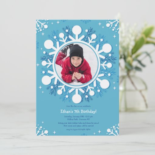 Snowflake Photo Birthday Party Invitation | Zazzle