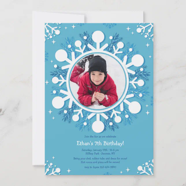 Snowflake Photo Birthday Party Invitation | Zazzle