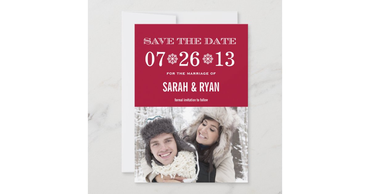 Snowflake Red Save the Date Photo Invitations | Zazzle
