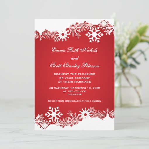 Snowflake red white modern winter wedding invitation | Zazzle