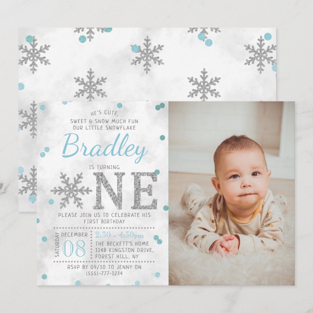 Snowflake Winter 1st Birthday Photo Invitation | Zazzle