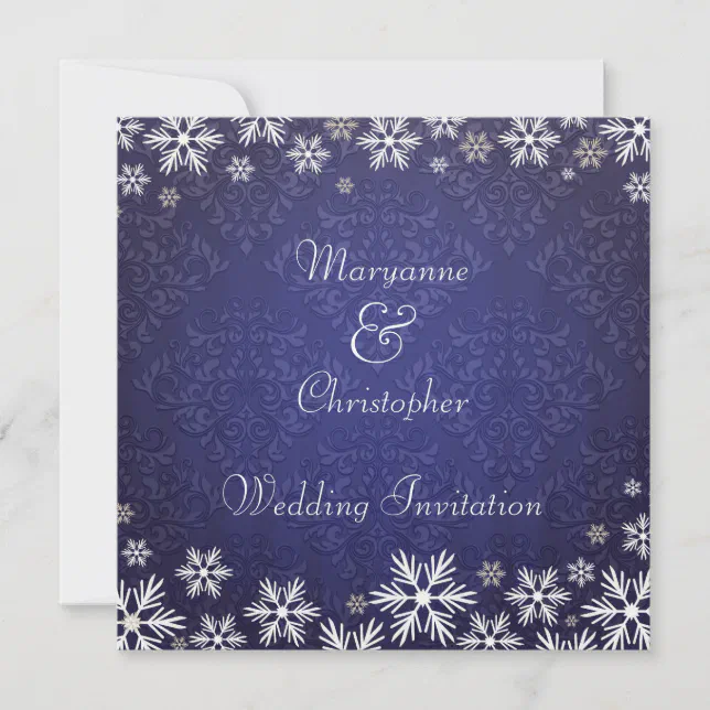 Snowflakes and Blue Damask Wedding Invitation | Zazzle