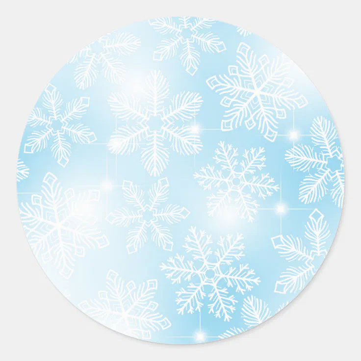 Snowflakes and lights on blue classic round sticker | Zazzle
