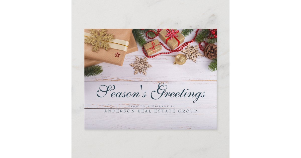 Snowflakes and Pine | Rustic Holiday Greetings Postcard | Zazzle