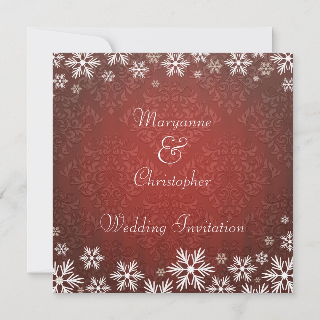 Snowflakes and Red Damask Wedding Invitation | Zazzle