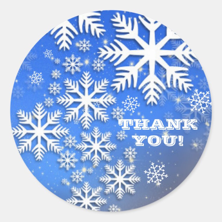 Snowflakes and Stars Custom Text Thank You Classic Round Sticker | Zazzle