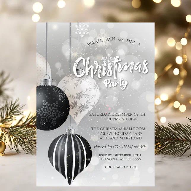 Snowflakes,Balls Silver Christmas Company Invitation | Zazzle