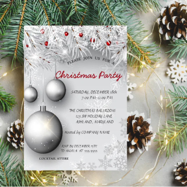 Snowflakes,Balls,Tree Corporate Christmas Party Invitation | Zazzle