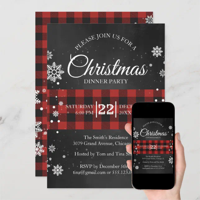 Snowflakes & Buffalo Plaid Christmas Party Invite | Zazzle
