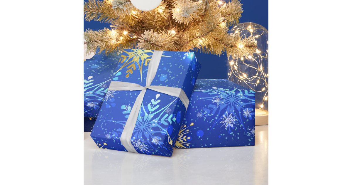 Snowflakes Gold Blue Xmas Christmas Gift Wrapping Paper | Zazzle