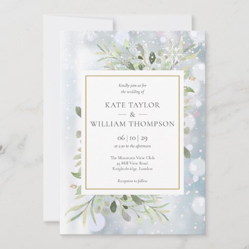 Snowflakes Greenery Leaves Photo Winter Wedding Invitation | Zazzle