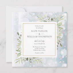 Snowflakes Greenery Watercolor Leaves Wedding Invitation | Zazzle
