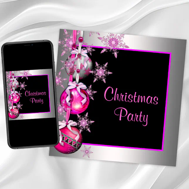 Snowflakes Ornaments Hot Pink Christmas Party Invitation | Zazzle