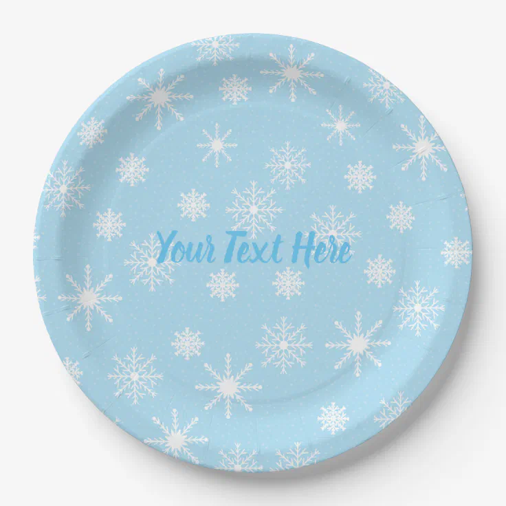 Snowflakes Party Paper Plates with Custom Text | Zazzle