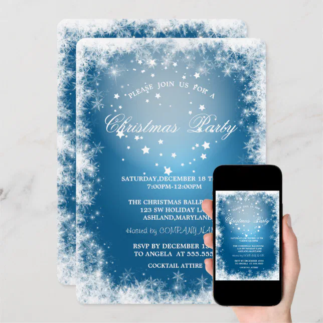 Snowflakes,Stars,Blue Christmas Party Invitation | Zazzle