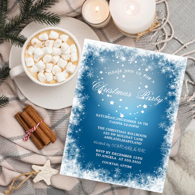Snowflakes,Stars,Blue Christmas Party Invitation | Zazzle