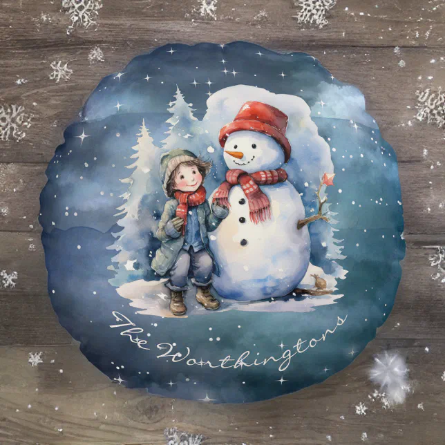 Snowman and Boy with Scarves Starry Night Monogram Round Pillow | Zazzle