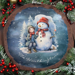 Snowman and Boy with Scarves Starry Night Monogram Round Pillow | Zazzle