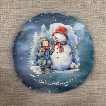 Snowman and Boy with Scarves Starry Night Monogram Round Pillow | Zazzle