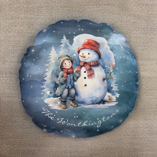Snowman and Boy with Scarves Starry Night Monogram Round Pillow | Zazzle