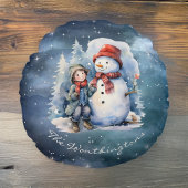 Snowman and Boy with Scarves Starry Night Monogram Round Pillow | Zazzle