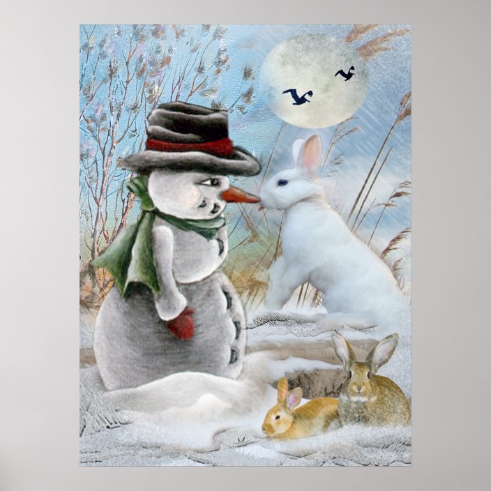 snowman and rabbit eating carrot poster | Zazzle.com