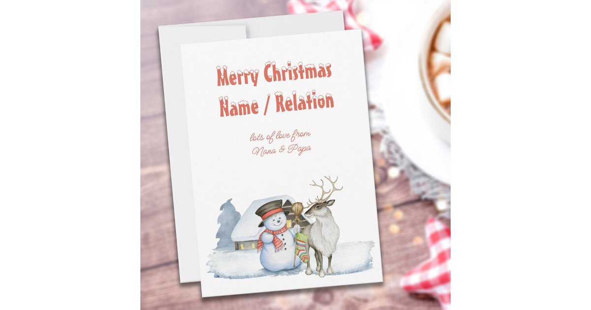 Snowman and Reindeer Snowy Typography Personalized Holiday Card | Zazzle