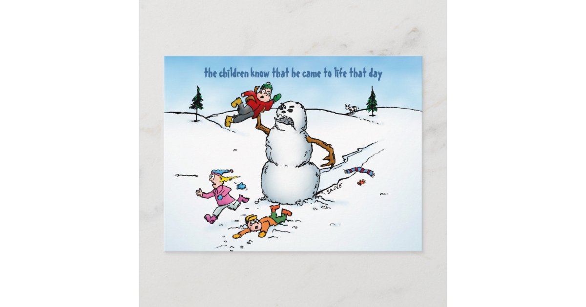 Snowman Attacks the Kids Funny Holiday Postcard | Zazzle