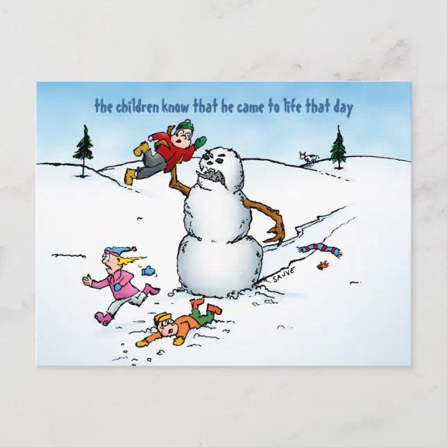Snowman Attacks the Kids Funny Holiday Postcard | Zazzle