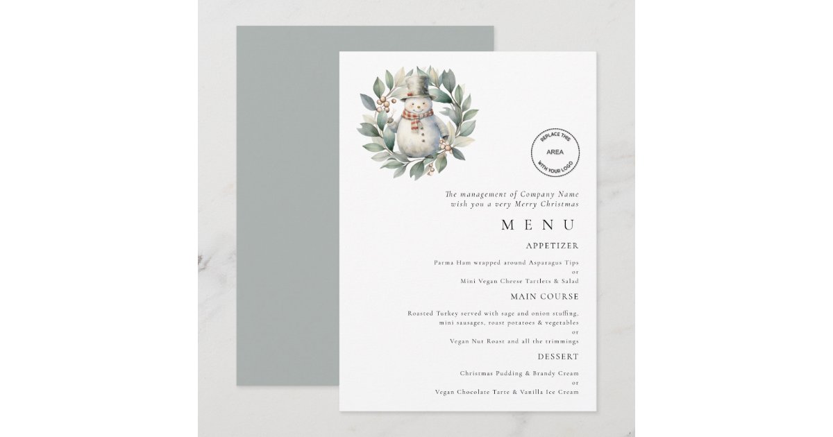 Snowman Business Logo Christmas Party Menu Card | Zazzle