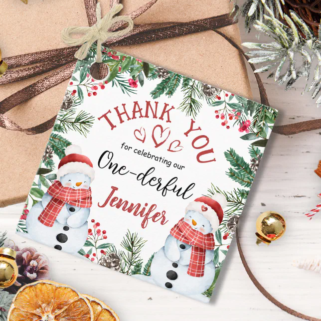Snowman Christmas 1st Birthday Thank You Favor Tags | Zazzle