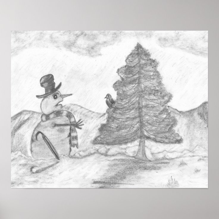 Snowman Grayscale Pencil drawing christmas scene Poster | Zazzle