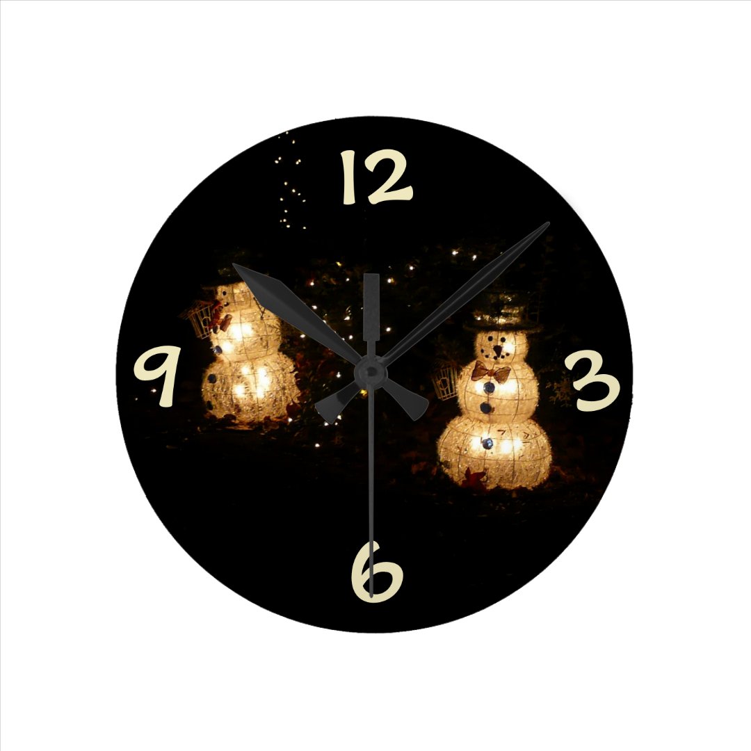 Snowman Holiday Light Display Round Clock | Zazzle