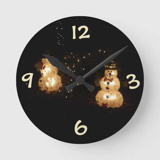 Snowman Holiday Light Display Round Clock | Zazzle