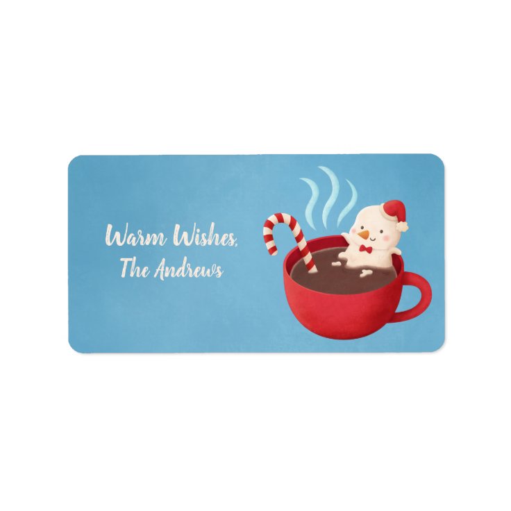 Snowman in Hot Cocoa Warm Wishes Christmas Labels | Zazzle